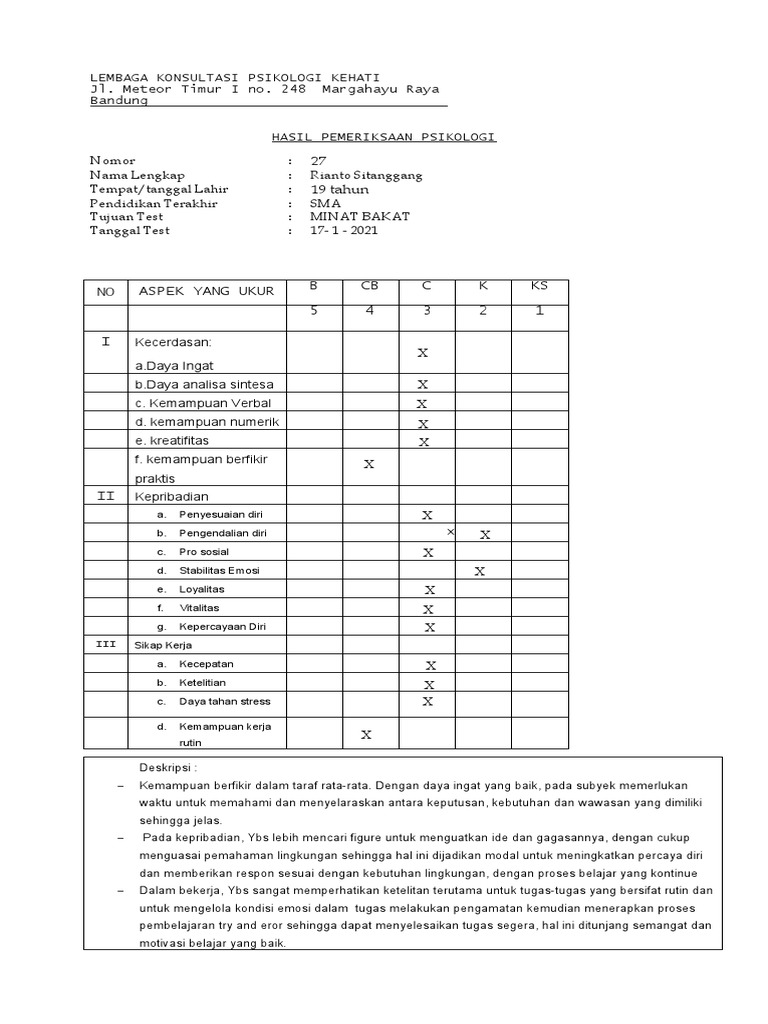 Psikogram Minat - Rianto 27 | PDF