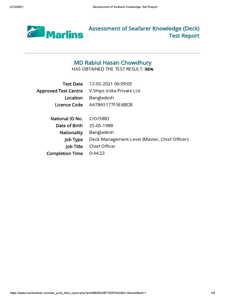 Assessment of Seafarer Knowledge Test Report | PDF | Navigation | Transport