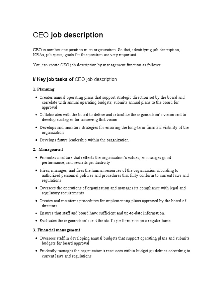 CEO Job Description and Responsibilities | PDF | Human Resources ...