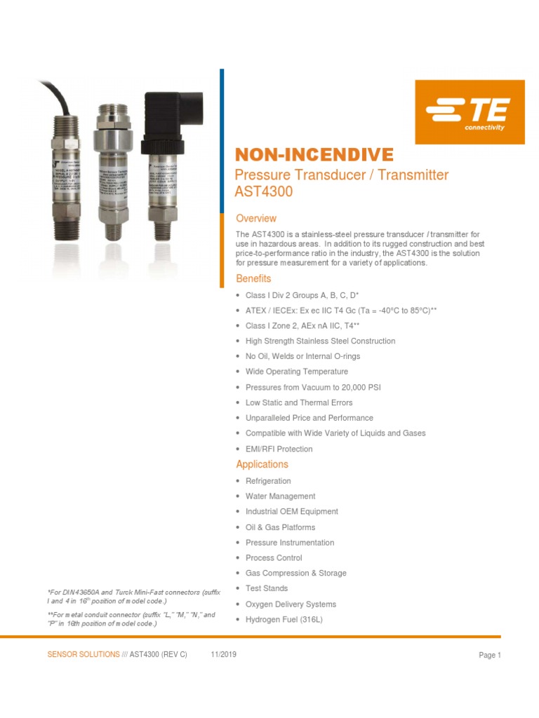 Non-Incendive: Pressure Transducer / Transmitter AST4300 | PDF ...