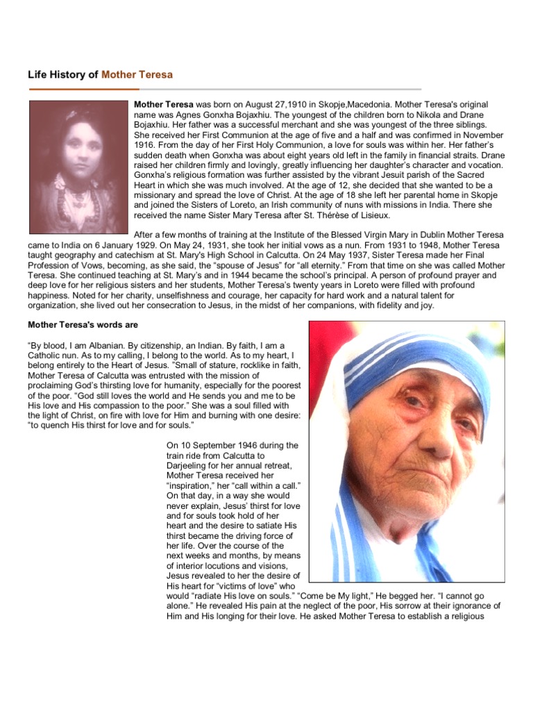 Life History of Mother Teresa | PDF | Mother Teresa | Nun