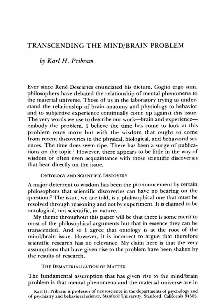 By Karl H - Pribram: Transcending T H E Mind/Brain Problem | PDF ...