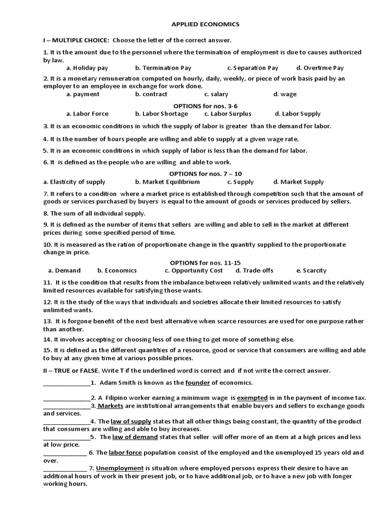 Applied Economis Exam | PDF | Labour Economics | Supply (Economics)