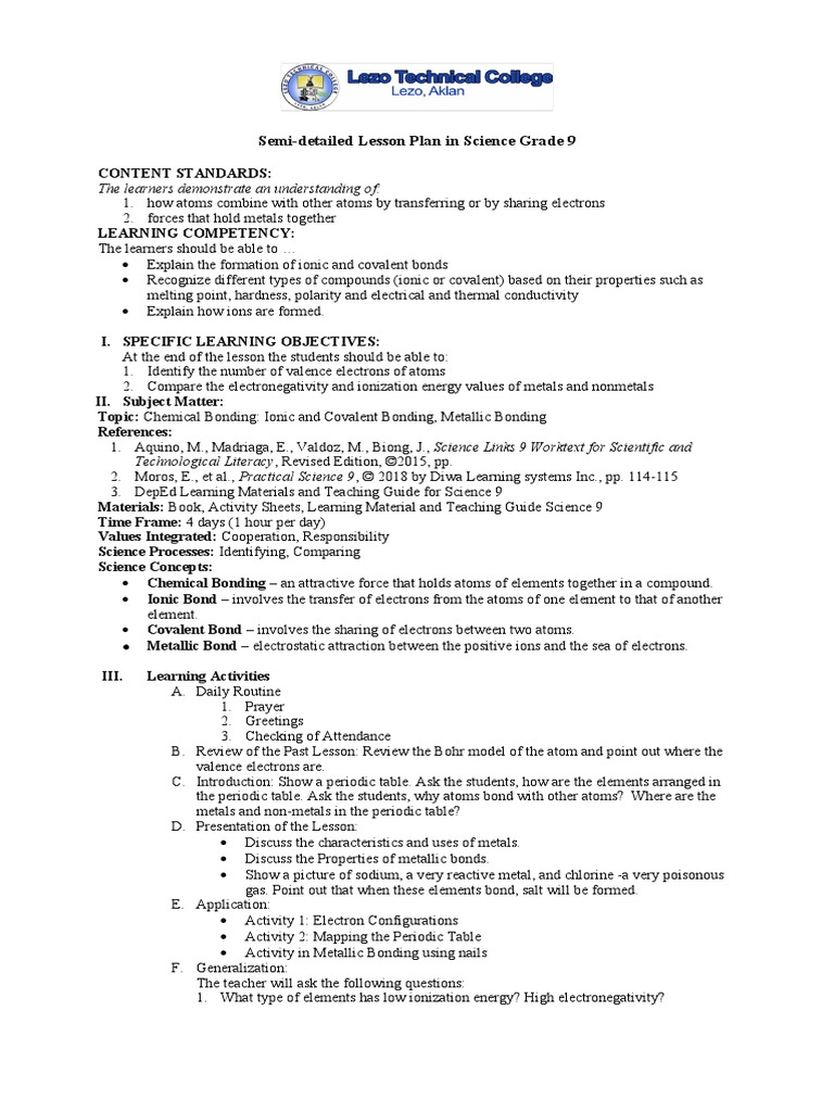Semi-Detailed Lesson Plan in Science Grade 9: The Learners Demonstrate ...