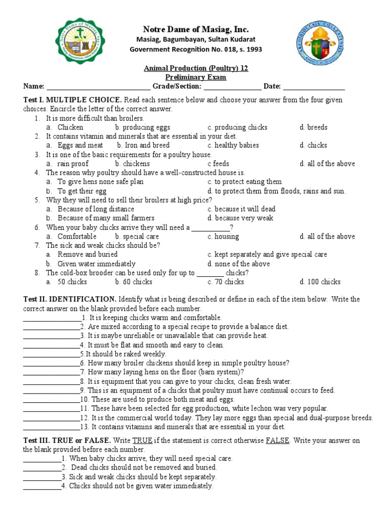 Animal Production Poultry Test Questioner Grade 12 1st Sem | PDF ...