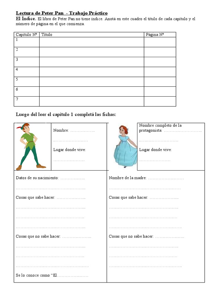 Hojas De Trabajo De Peter Pan AVENTURAS DE PETER PAN By