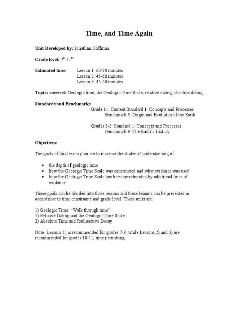 Time, and Time Again: Unit Developed By: Jonathan Hoffman Grade Level ...