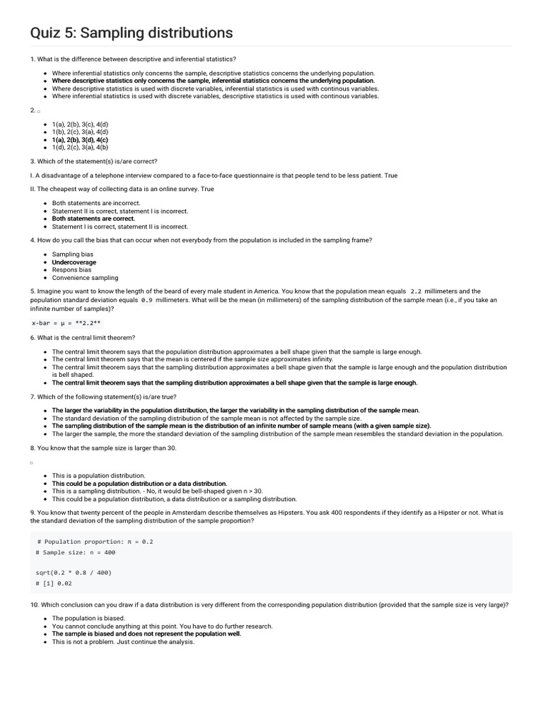Quiz 5: Sampling Distributions Quiz 5: Sampling Distributions | PDF ...