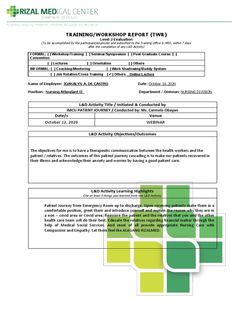 Training/Workshop Report (TWR) : L&D Activity Title / Initiated ...