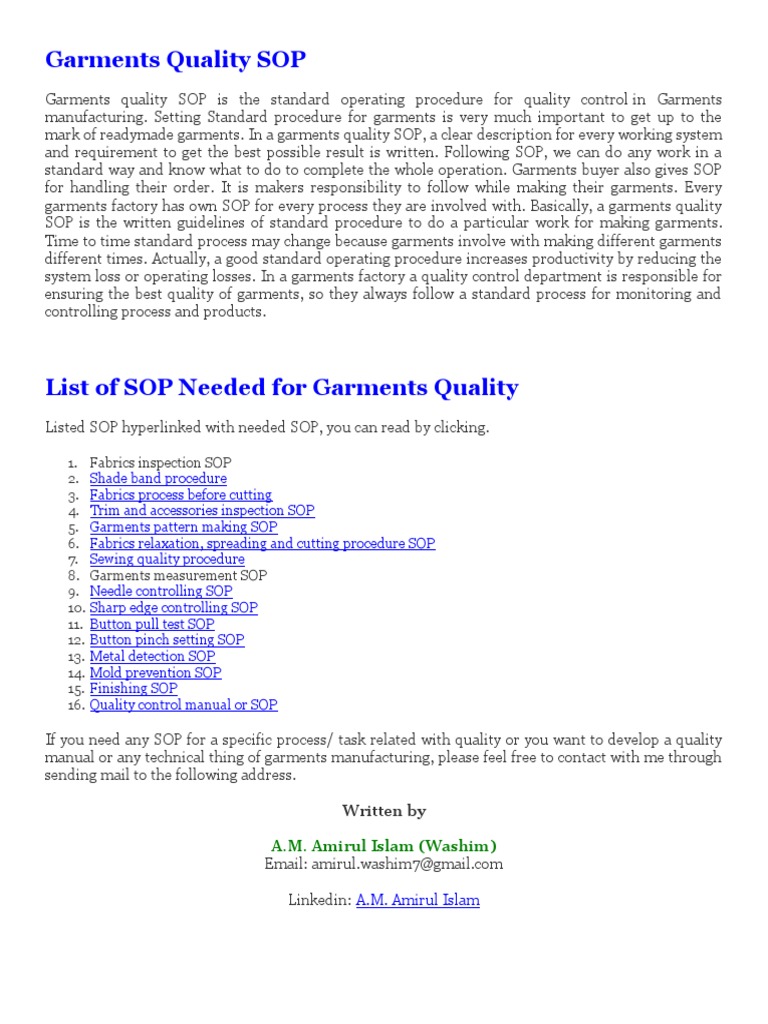 Garments Quality SOP | PDF