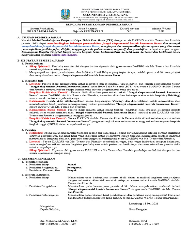 Template RPP 1 Lembar - Model Pembelajaran Kooperatif Tipe Think Pair ...