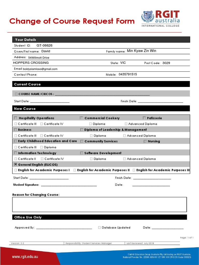 Change of Course Request Form: Your Details | PDF | Career & Growth