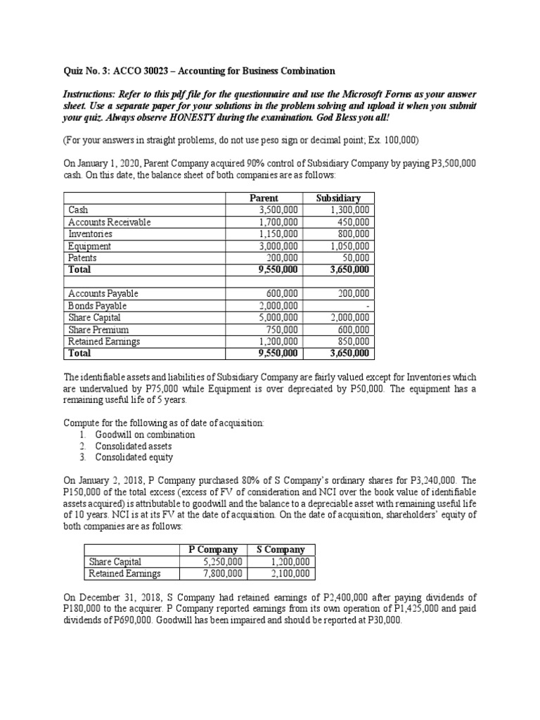 Quiz - 3 ABC Problem Solving | PDF | Book Value | Goodwill (Accounting)