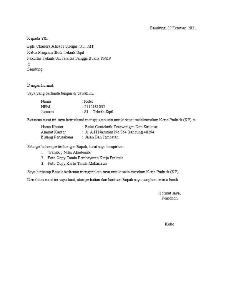 Surat Permohonan KP | PDF