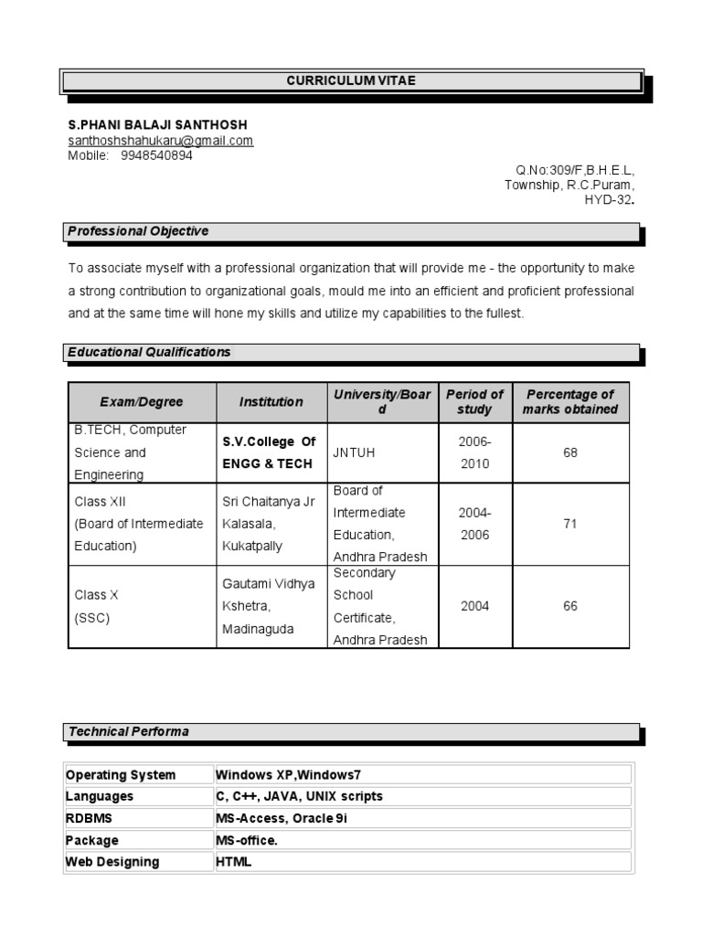 CURRICULUM VITAE | Java (Programming Language) | Operating System