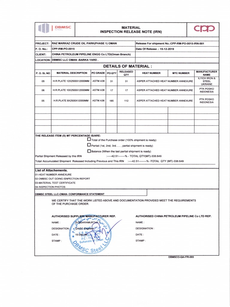 Material Release: Tnspectton (RRN) | PDF | Steel | Materials