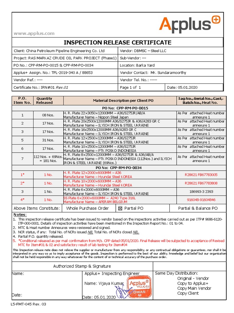 Inspection Release Certificate: P.O. Item No | PDF | Steel | Nature