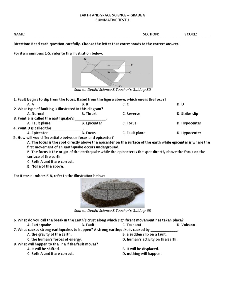 Earthquake Focus and Epicenter Quiz | PDF | Earthquakes | Fault (Geology)