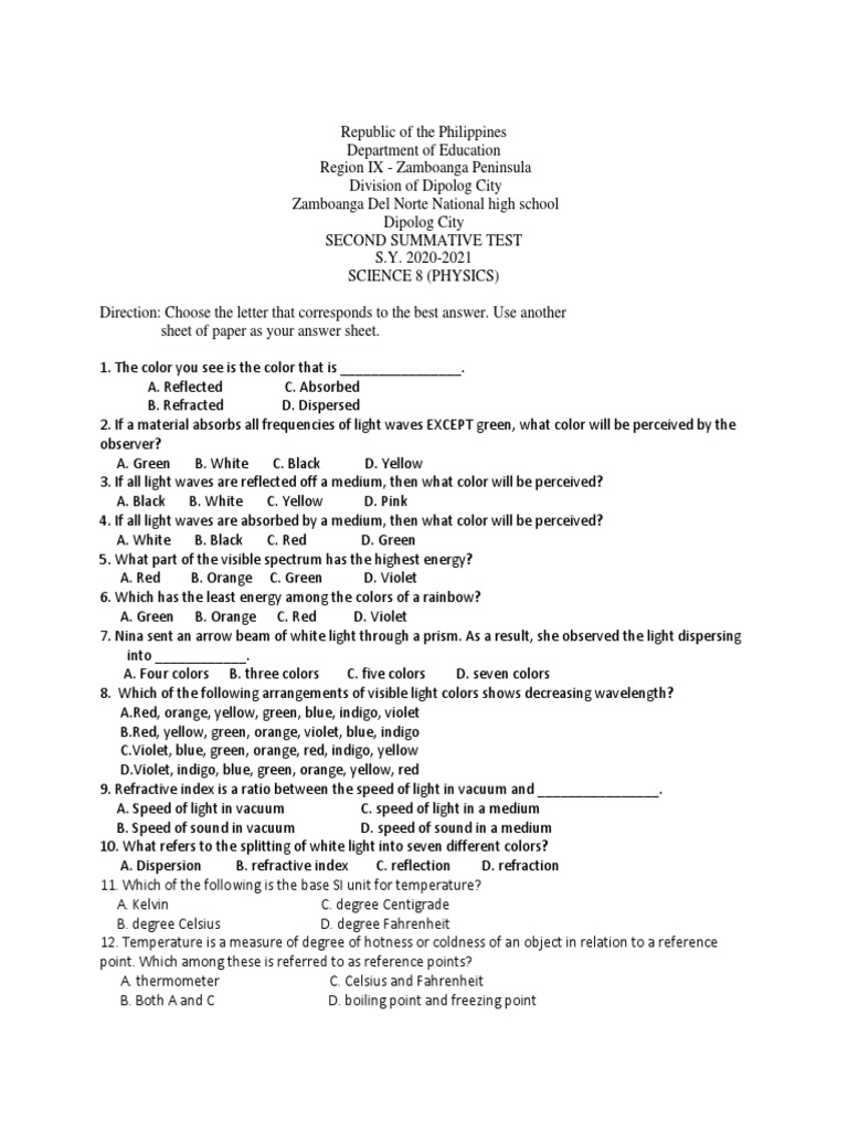 Sci.8 Q1 SummativeTest2 | PDF | Color | Temperature