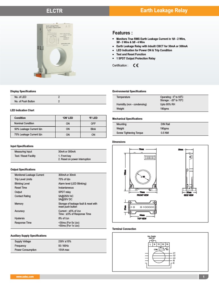 Earth Leakage Relay Elctr: Features | PDF | Relay | Alternating Current