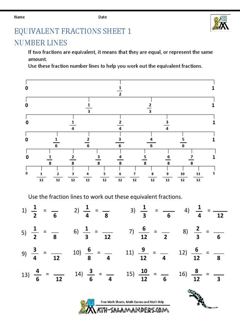 Equivalent Fractions Sheet 1 Number Lines | PDF | Numbers | Elementary ...