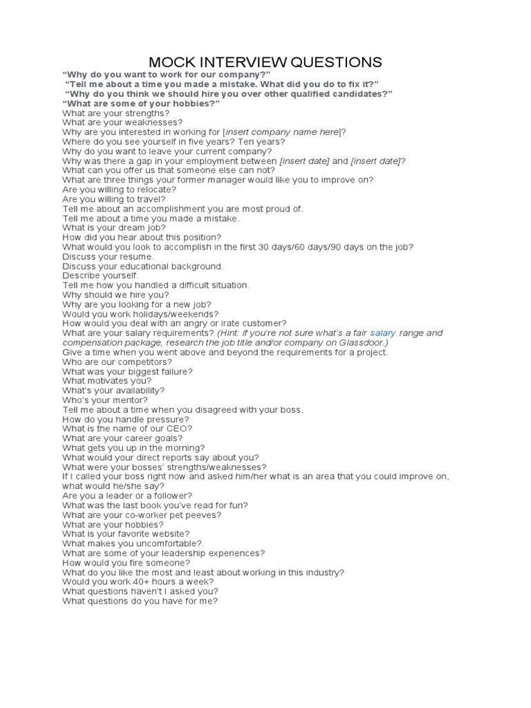Top Mock Interview Questions List | PDF | Self-Improvement