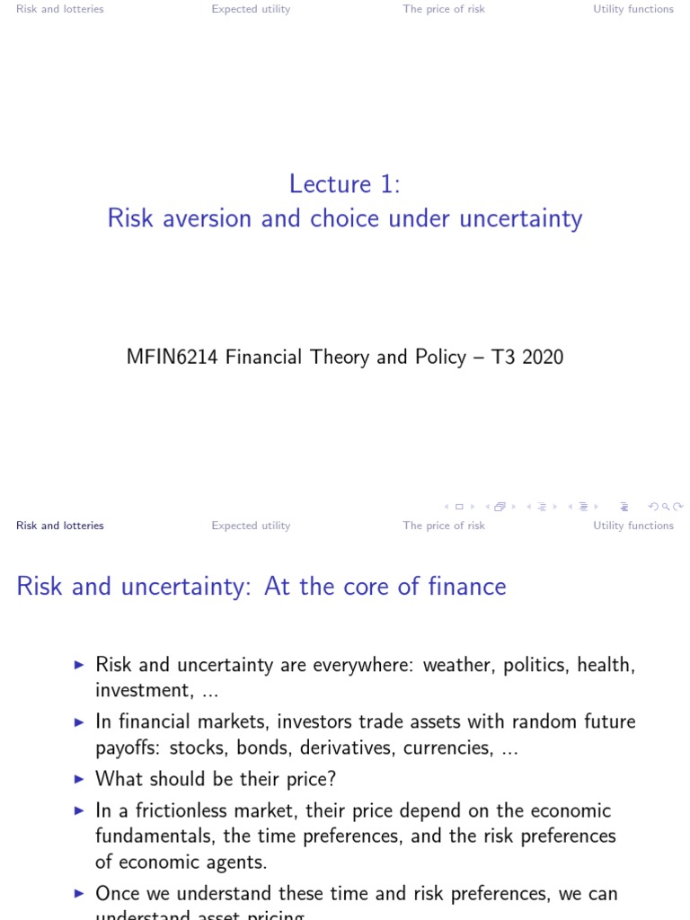 MFIN6214 Lecture1 2020T3 | PDF | Utility | Risk Aversion