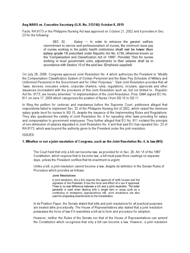 Ang NARS vs. Executive Secretary Digest | PDF | Bill (Law) | Veto