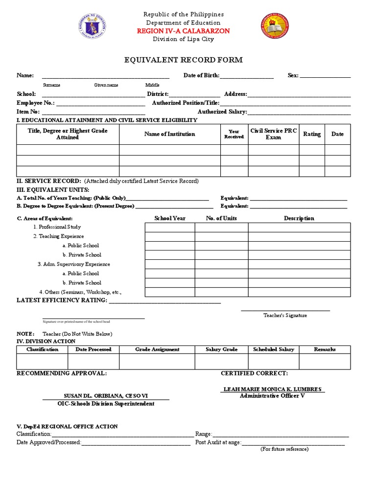 Equivalent Record Form: Region Iv-A Calabarzon | PDF | Schools