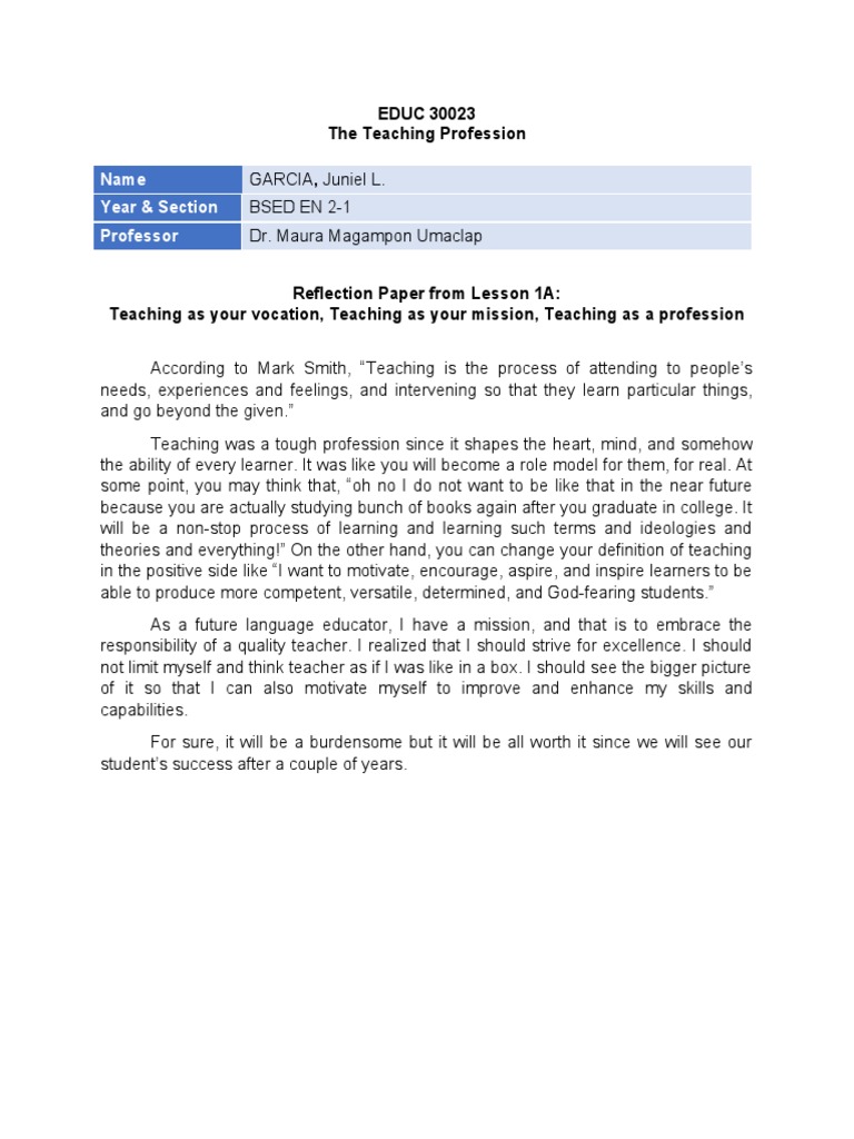 Lesson 1A Reflection Paper | PDF