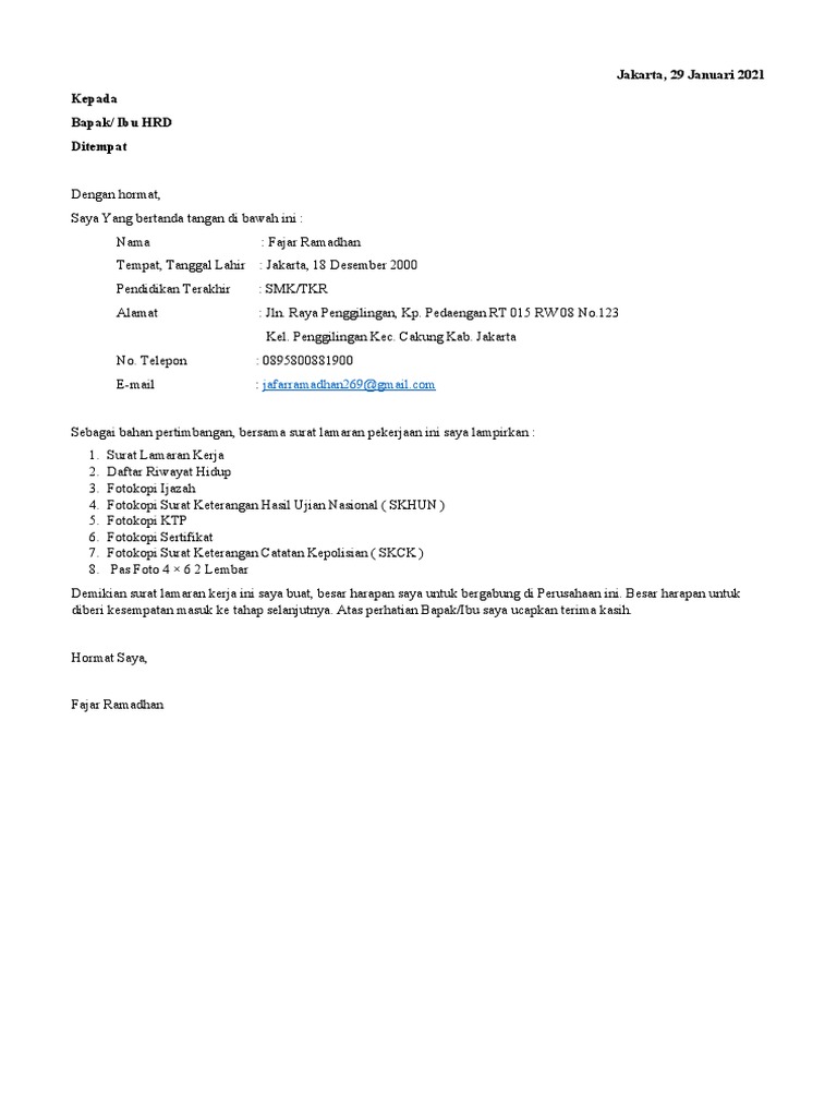 Surat Lamaran Kerja Fajar | PDF