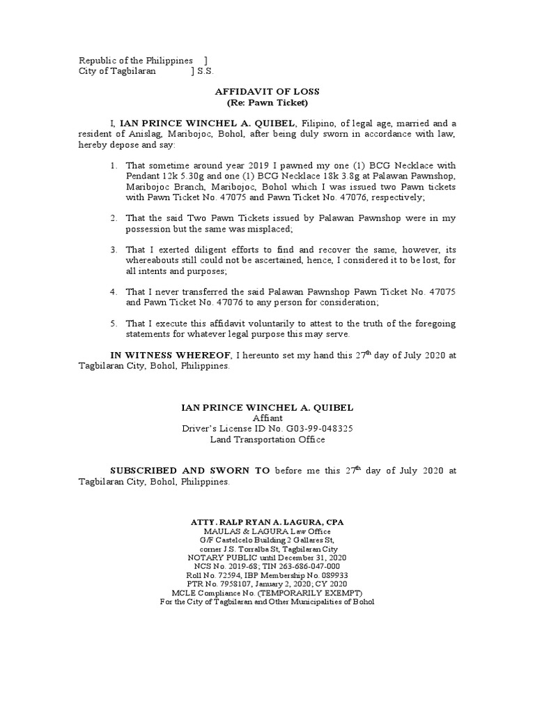 Affidavit of Lost Pawn Tickets | PDF