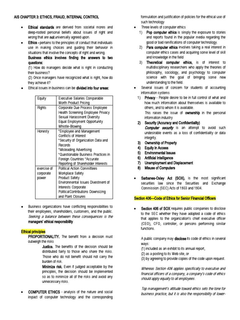 AIS CHAPTER 3: ETHICS, FRAUD AND INTERNAL CONTROLS | PDF | Internal ...