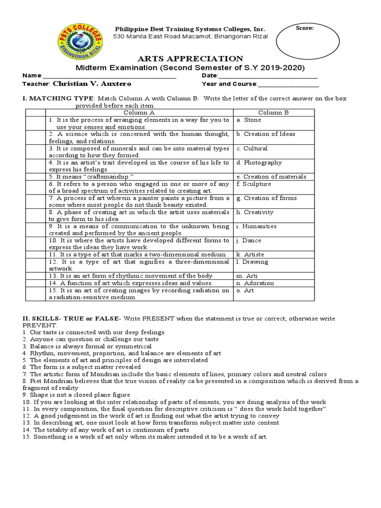 Arts Appreciation Midterm Exam | PDF | Idea | Composition (Visual Arts)