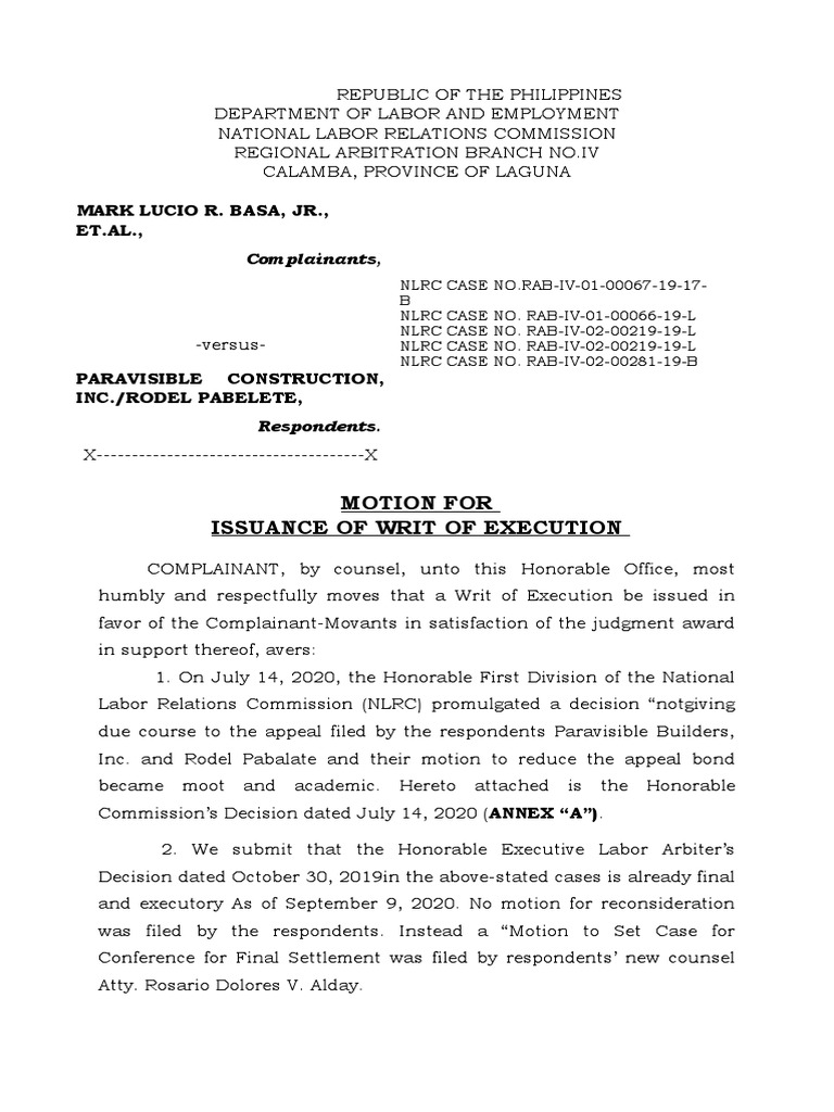 Paravasible - Motion For ISsuance of Writ of Execution | PDF | Dispute ...