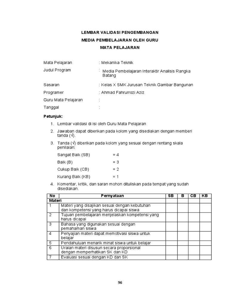 Lembar Validasi Pengembangan Media Pembelajaran Oleh Guru Mata ...