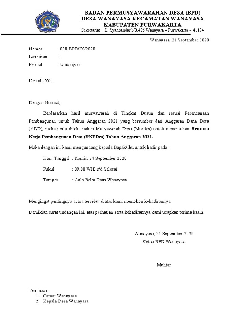 Undangan Musdes RKPDes 2021 Desa Wanayasa | PDF