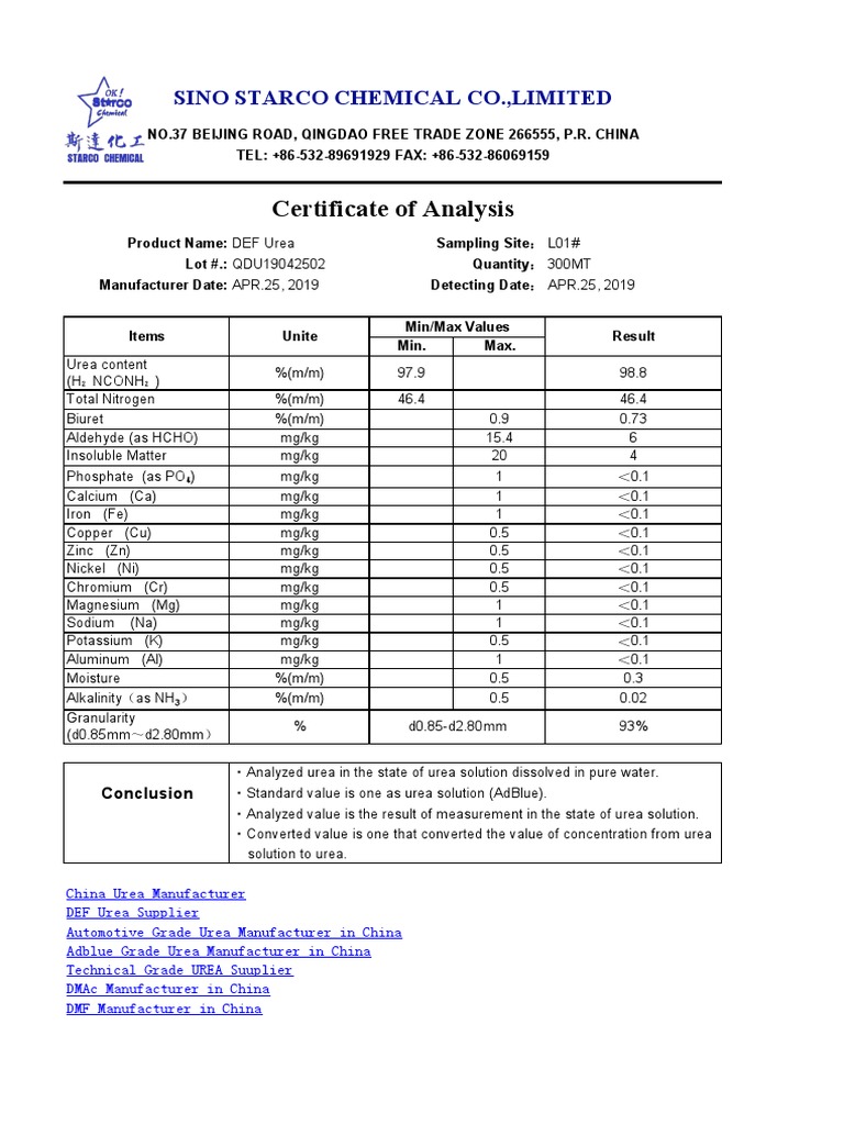 Automotive Grade Urea COA | PDF | Science & Mathematics