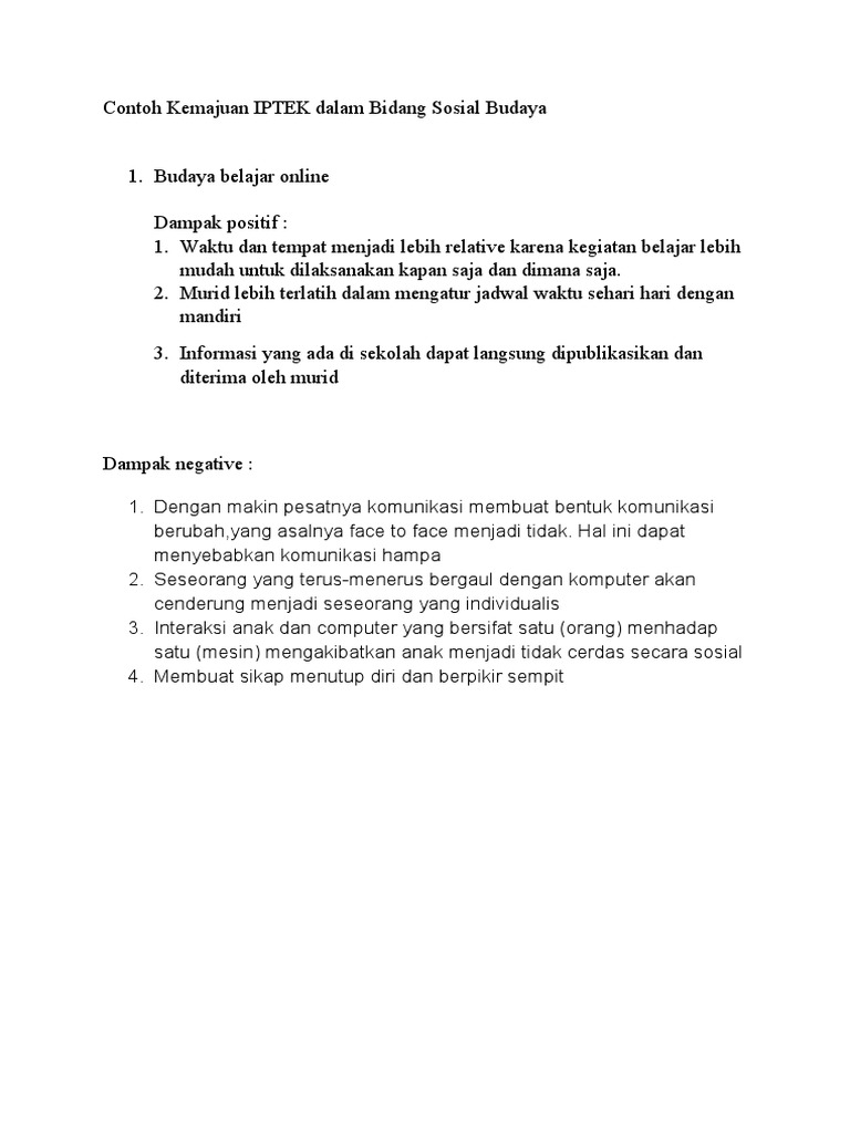 Contoh Kemajuan IPTEK Dalam Bidang Sosial Budaya | PDF
