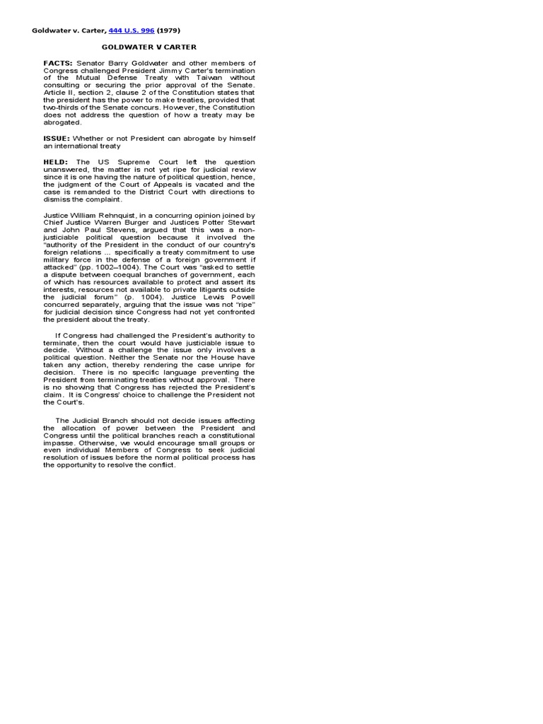 Goldwater V Carter FACTS: Senator Barry Goldwater and Other Members of ...