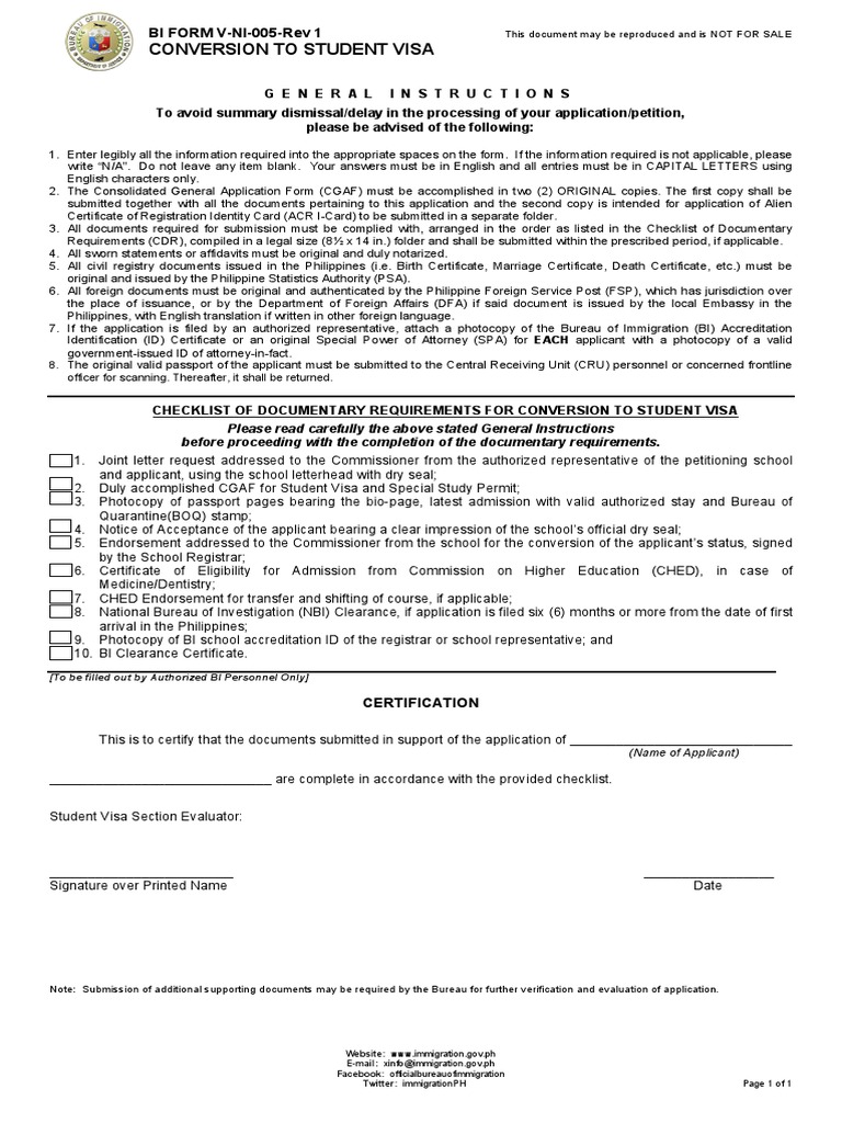 Conversion To Student Visa Checklist | PDF | Identity Document | Travel Visa