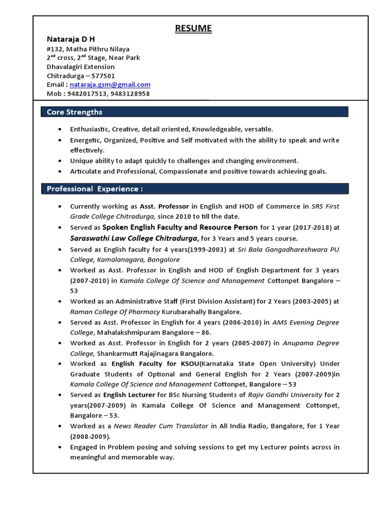 Nataraja D H Resume | PDF | Behavior Modification | Human Nature