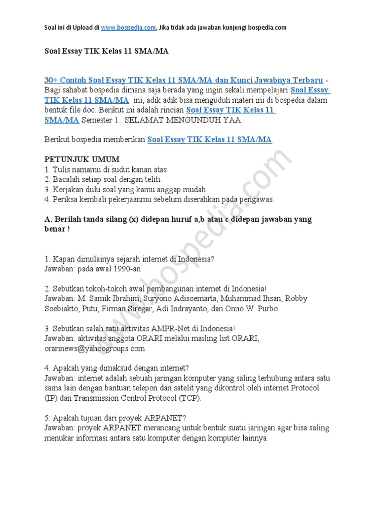 30+ Contoh Soal Essay TIK Kelas 11 SMA MA Semester 1dan Kunci Jawabnya | PDF