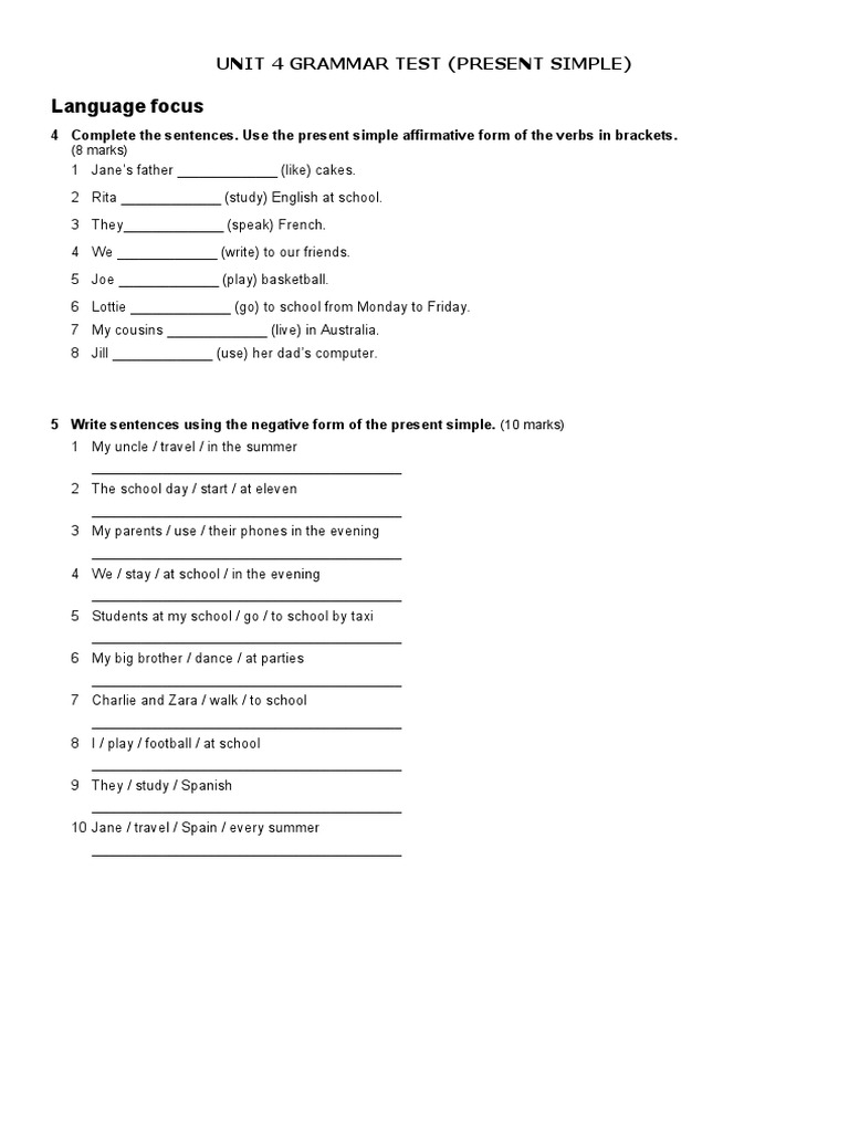 Language Focus: Unit 4 Grammar Test (Present Simple) | PDF | Subject ...