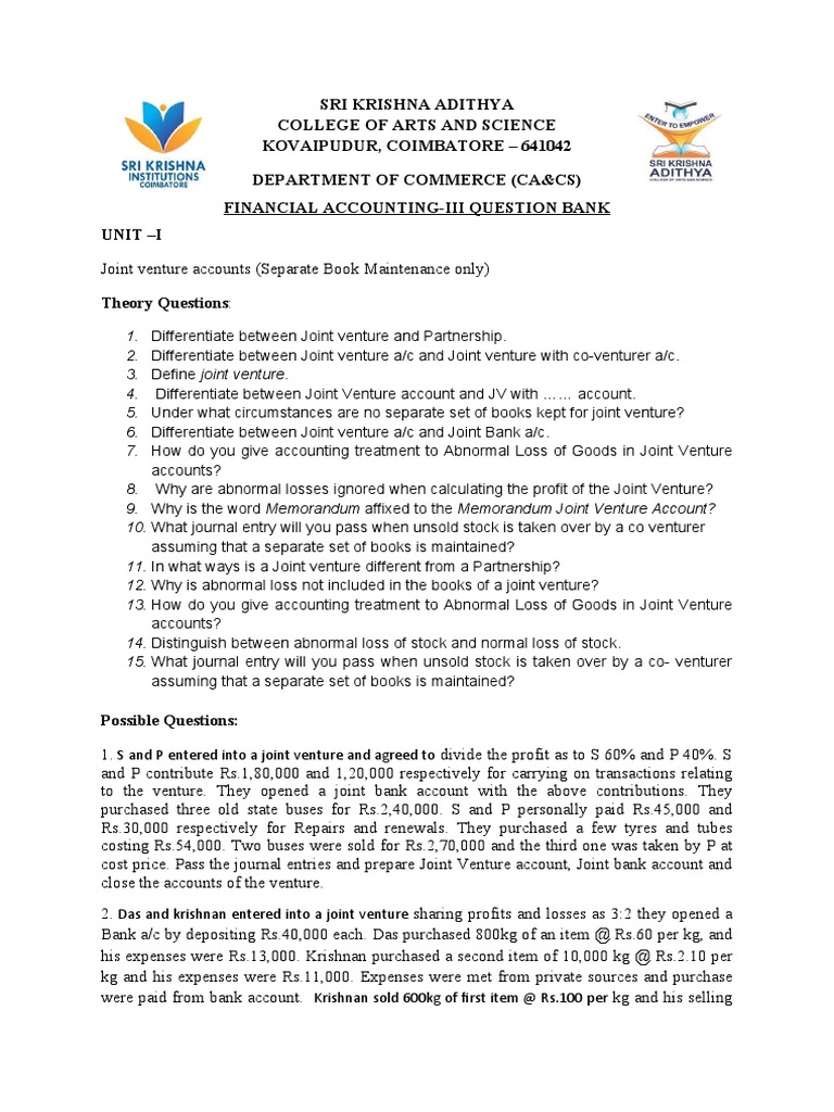 FA-III Question Bank Unit 1 | PDF | Joint Venture | Underwriting