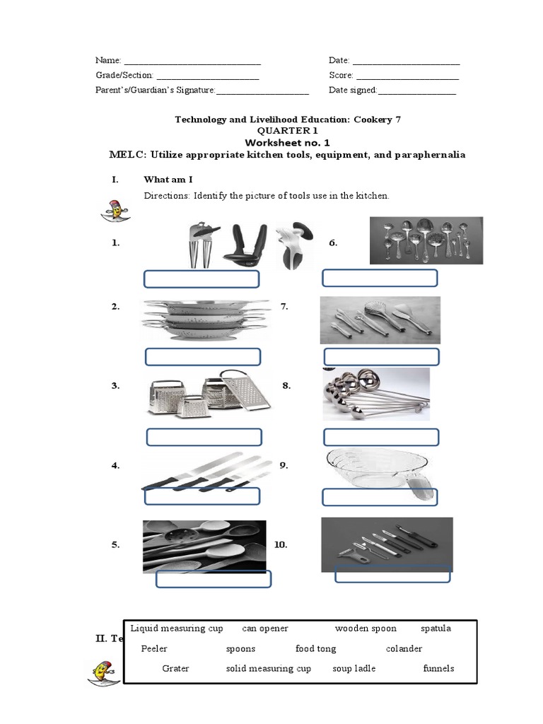 Kitchen Tools and Equipment Worksheet | PDF | Spoon | Kitchen