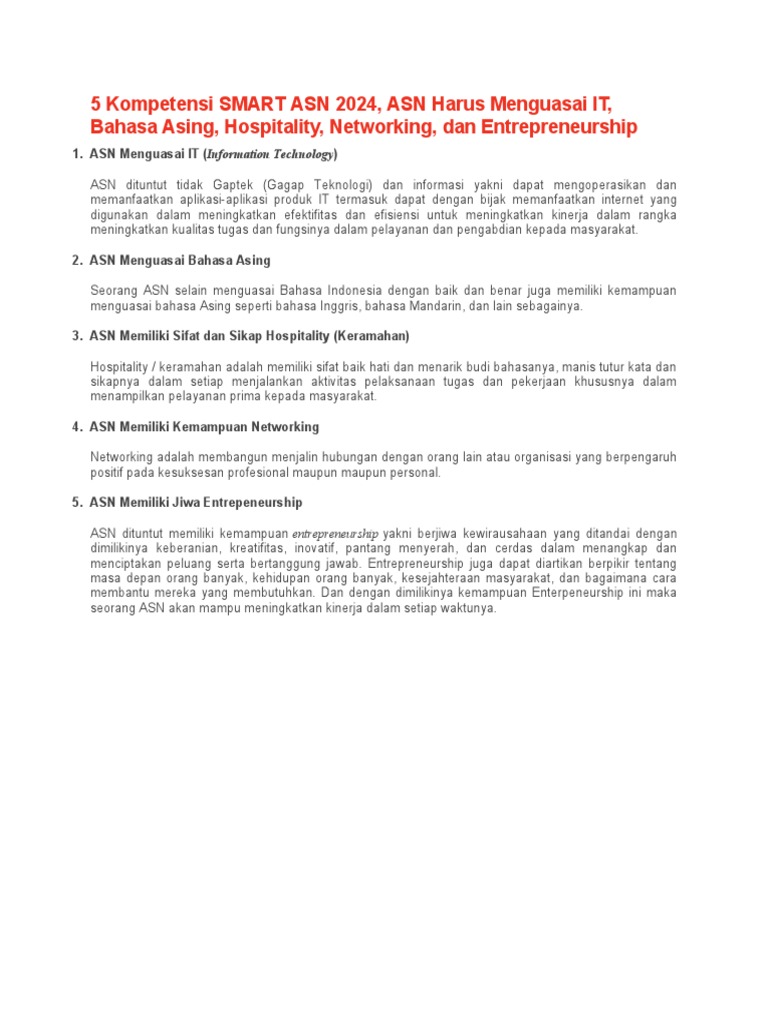 5 Kompetensi SMART ASN 2024 | PDF