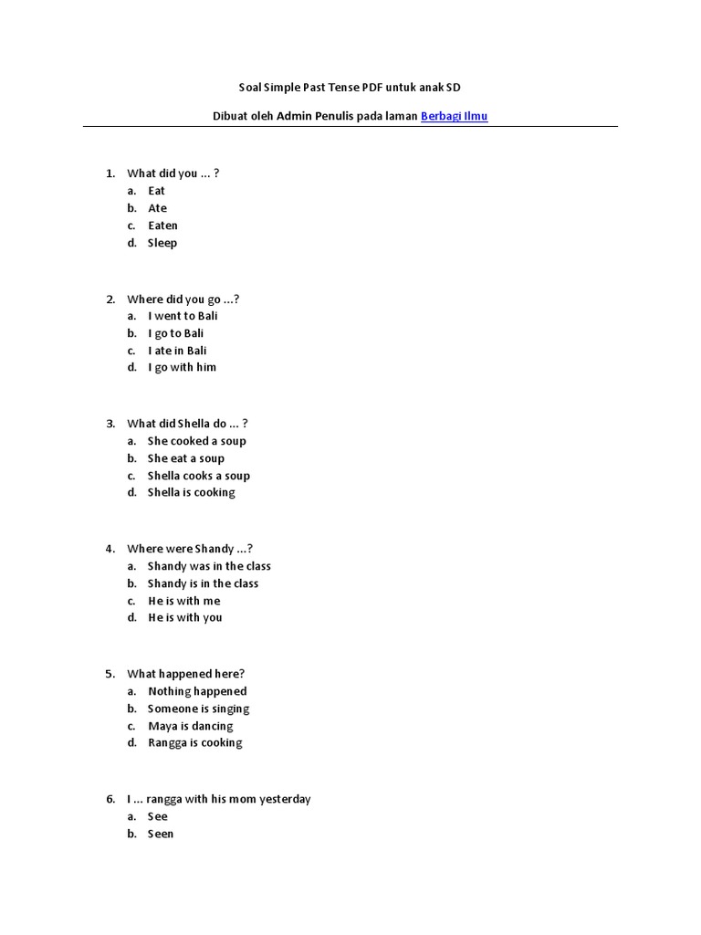 Soal Simple Past Tense PDF untuk anak SD