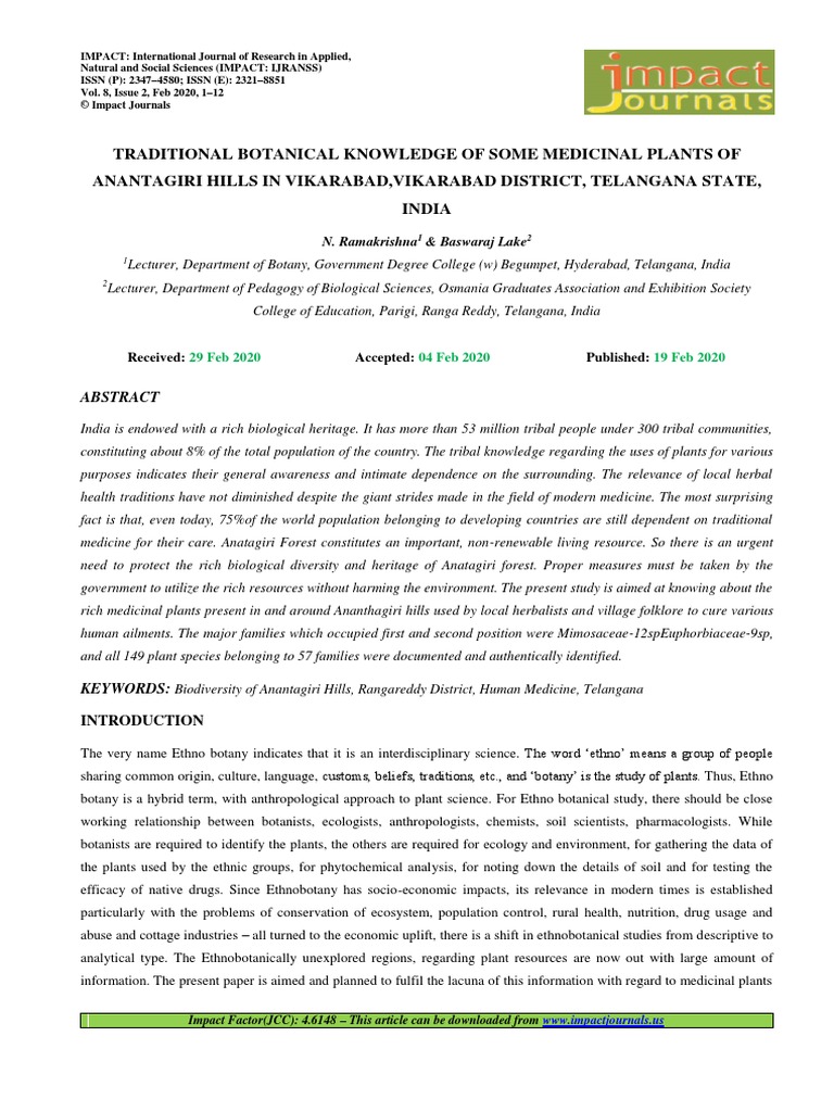 Traditional Botanical Knowledge of Some Medicinal Plants of Anantagiri ...