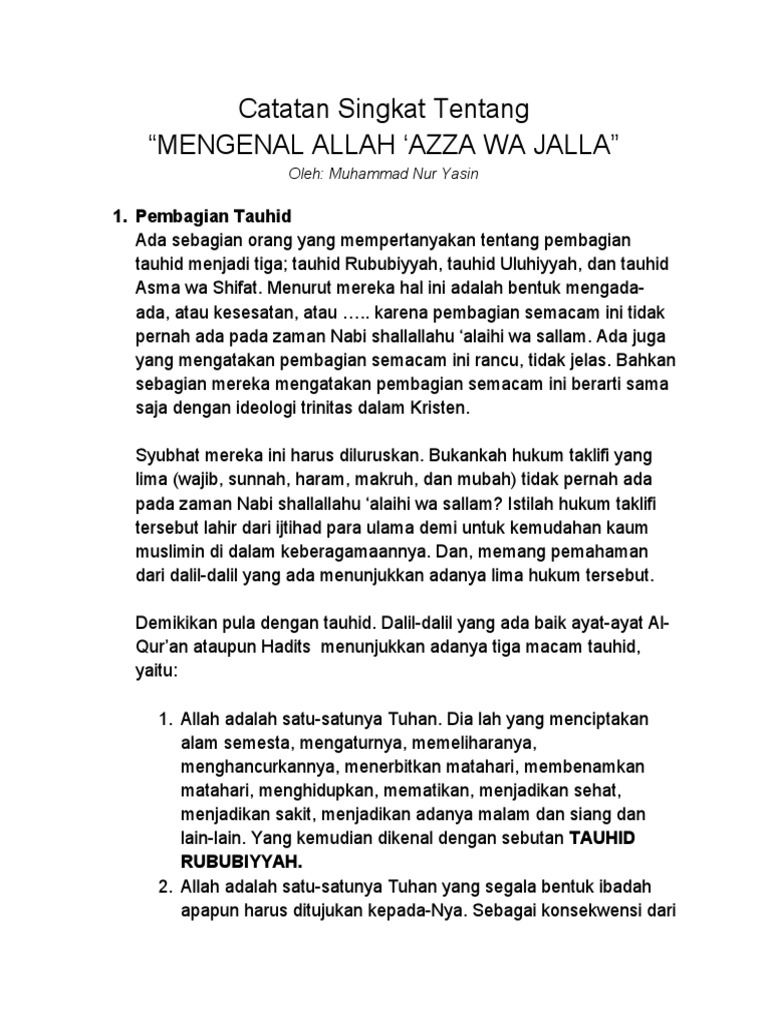 Catatan Singkat Tentang "MENGENAL ALLAH AZZA WA JALLA" | PDF